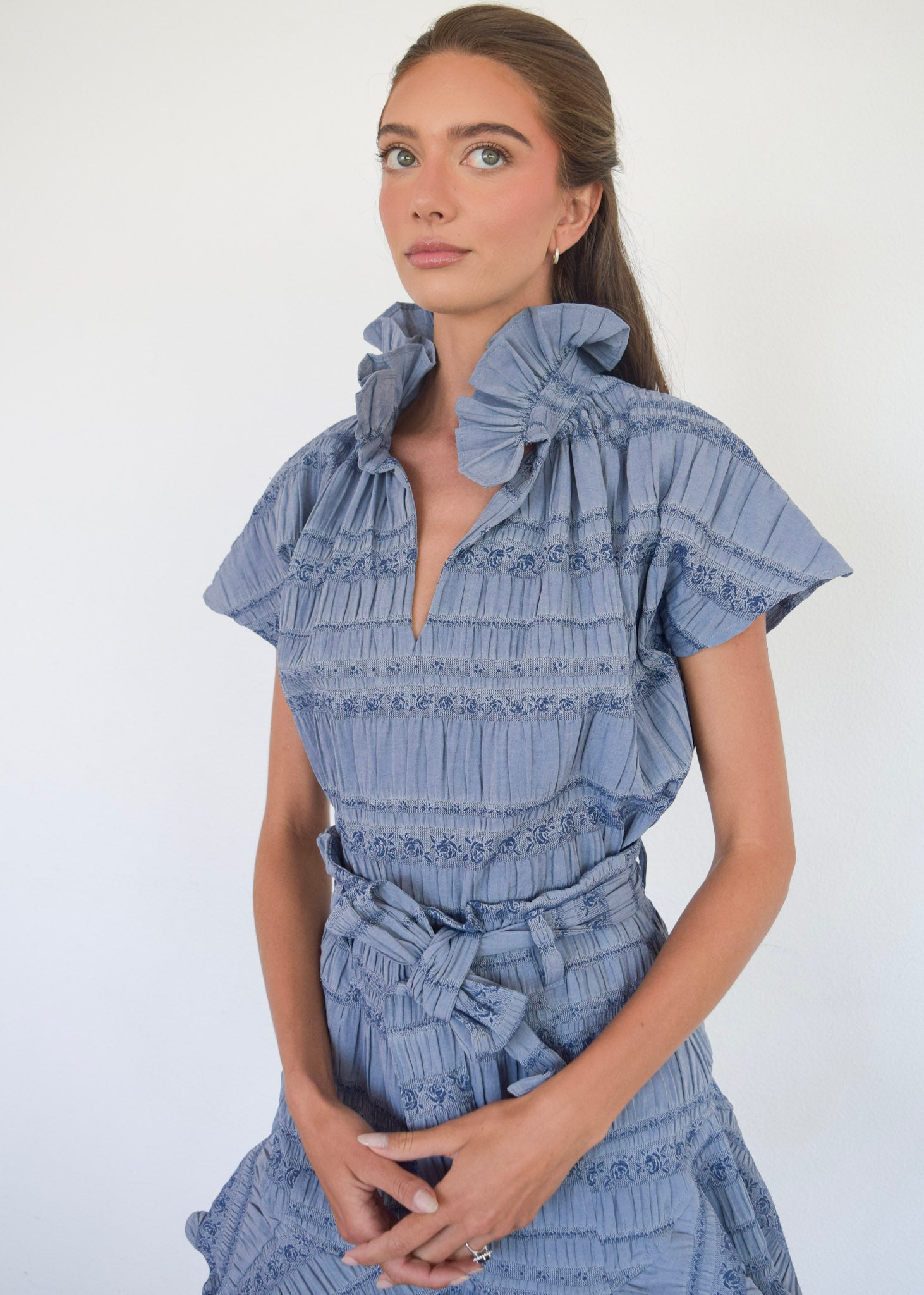 Vicki Short Sleeve Top Blue Floral Jacquard – NeverAWallflower