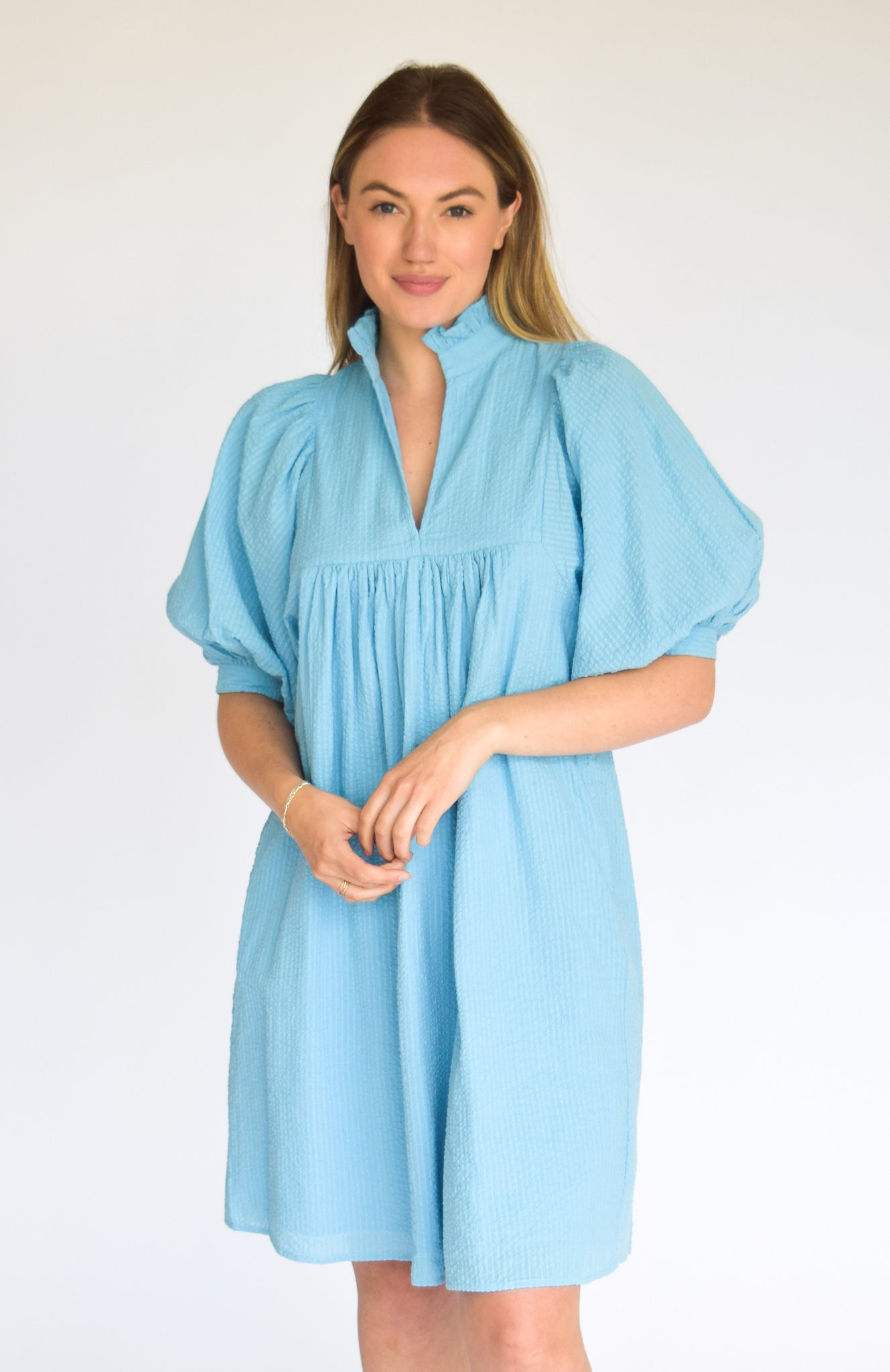 High Neck Dress Carolina Blue Seersucker – NeverAWallflower